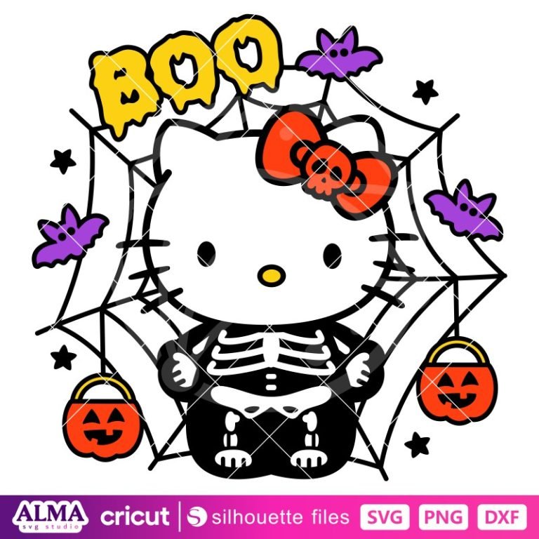 Boo Skeleton Kitty Svg, Spider Web Hello Kitty Svg, Halloween Svg ...